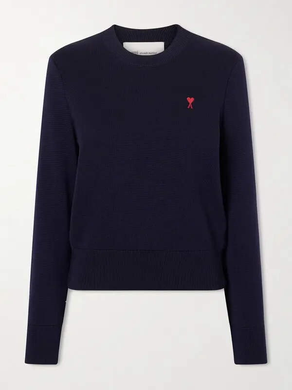 AMI Paris Embroidered Merino Wool Sweater - Blue