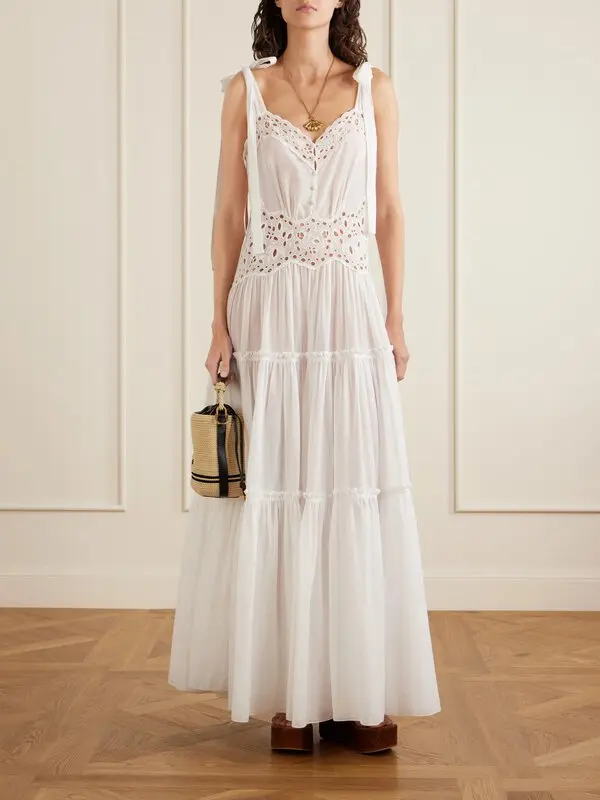 Chloé Tiered Broderie Anglaise Cotton Maxi Dress - White
