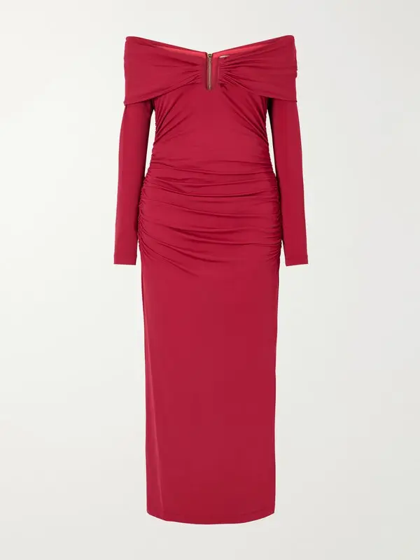 Carolina Herrera Draped Off-shoulder Jersey-stretch Midi Dress - Red