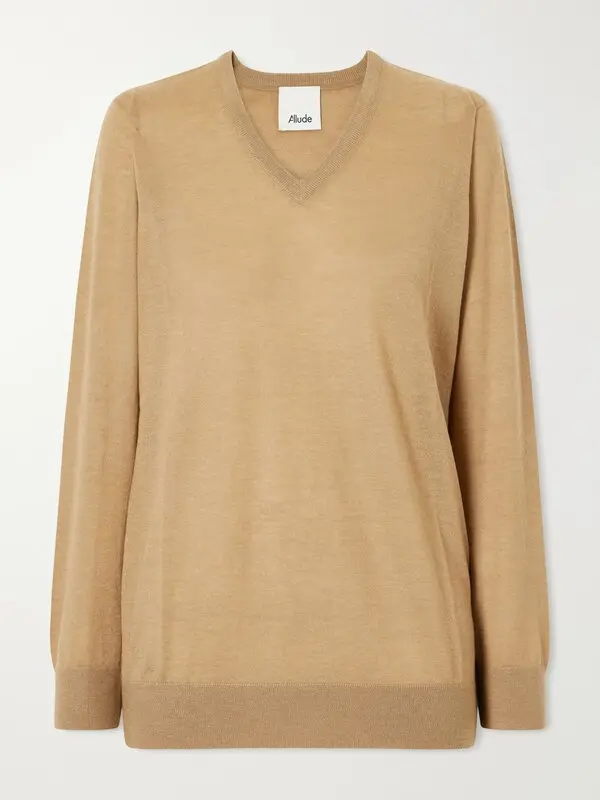 ALLUDE V-neck Cashmere Sweater With Ribbed Trim - Brown