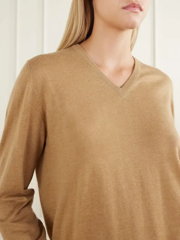 ALLUDE Ribbed-trimmed V-neck Cashmere Sweater