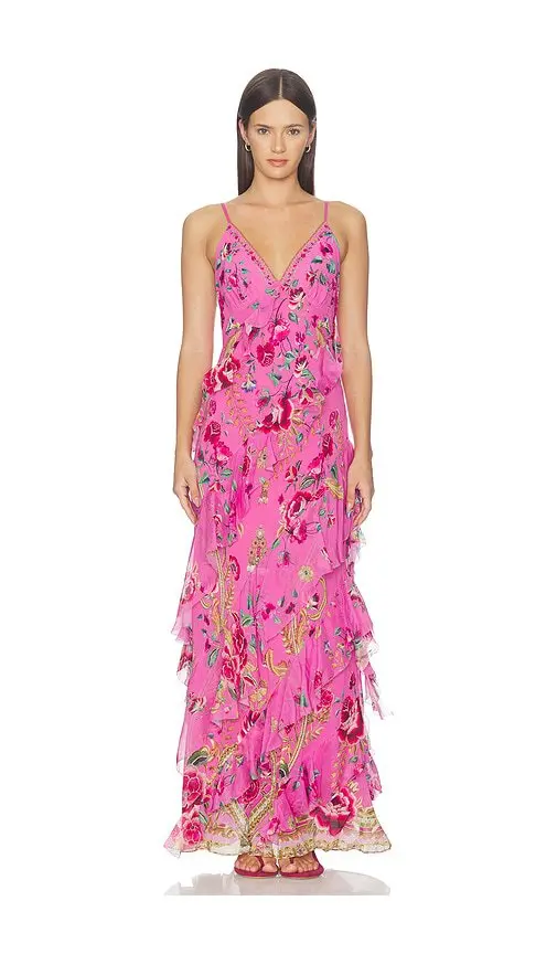 Camilla Asymmetrical Ruffle Slip Dress In Pink
