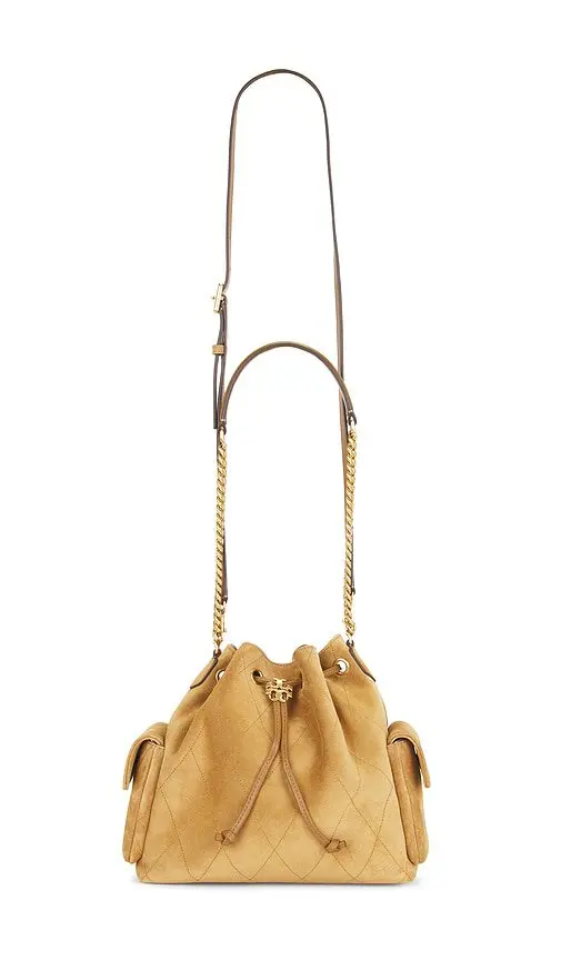 Tory Burch Charlie Quilted Suede Drawstring Shoulder Bag In Tan - Toffee