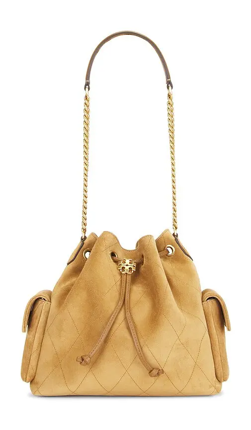 Tory Burch Charlie Quilted Suede Drawstring Shoulder Bag In Tan