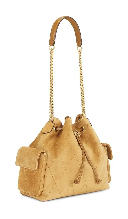 Tory Burch Charlie Quilted Suede Drawstring Shoulder Bag In Tan