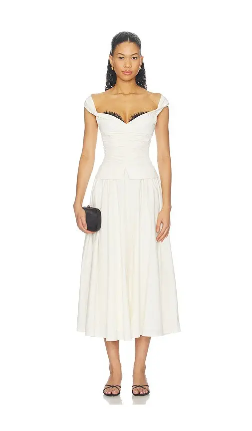 Lpa Rosanna Midi Dress With Lace Trim And Ruched Bodice - Ivory