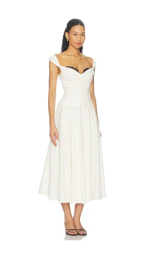 Lpa Rosanna Midi Dress With Lace Trim And Ruched Bodice