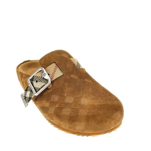 Burberry Suede Leather Checked Clogs With Adjustable Strap - Brown