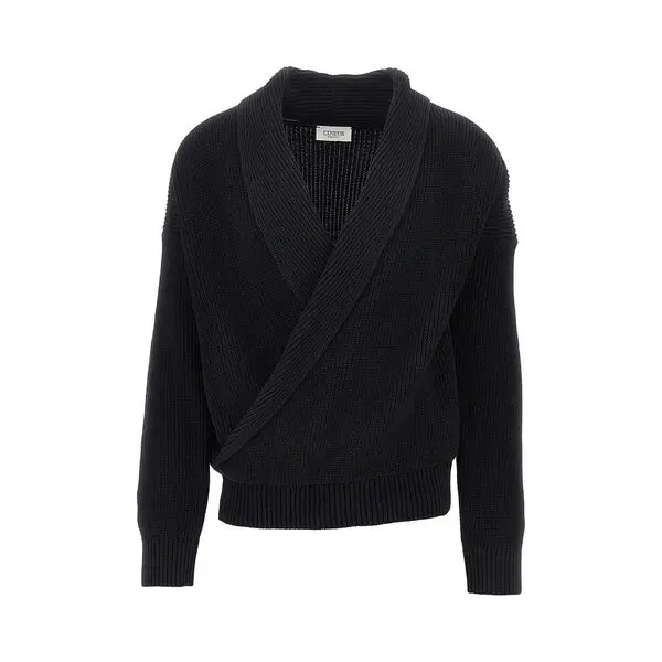 LANEUS Cotton Knitted Cardigan With Shawl Collar - Black