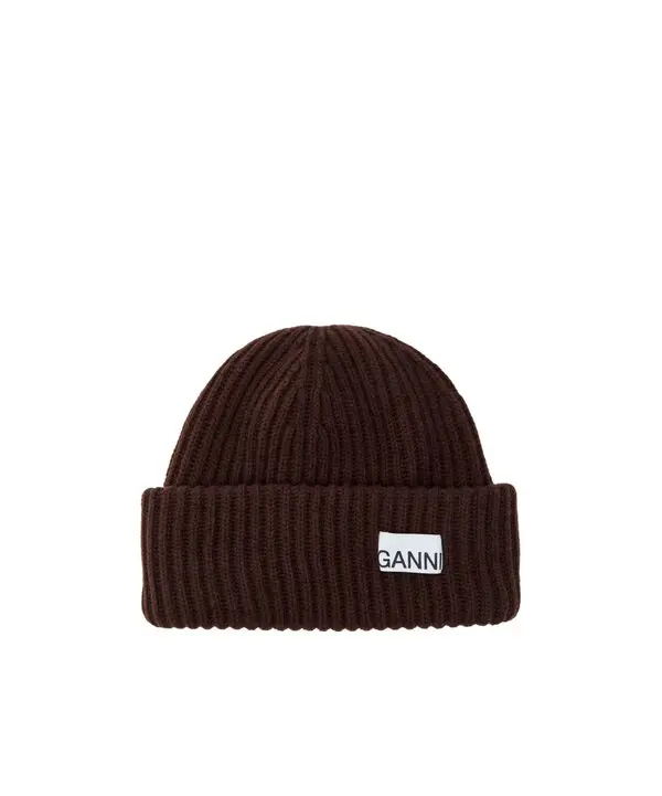 GANNI Logo-appliquéd Ribbed Wool-blend Beanie