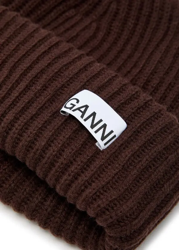 GANNI Logo-appliquéd Ribbed Wool-blend Beanie
