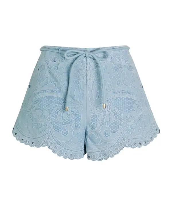 Zimmermann Daylight Embroidered Belted Denim Shorts