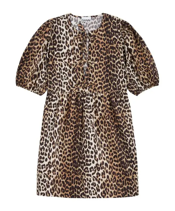 GANNI Leopard-print Cotton-poplin Mini Dress