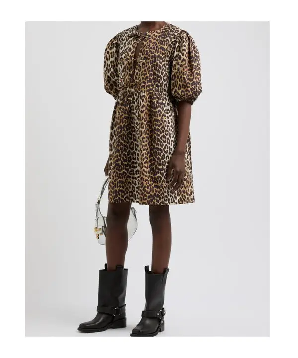 GANNI Leopard-print Cotton-poplin Mini Dress