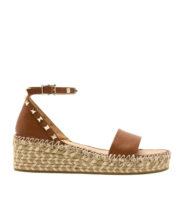 Valentino Garavani Rockstud 50 Leather Wedge Espadrilles - Brown