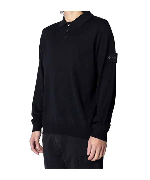 Stone Island Logo Patch Long Sleeved Polo Shirt