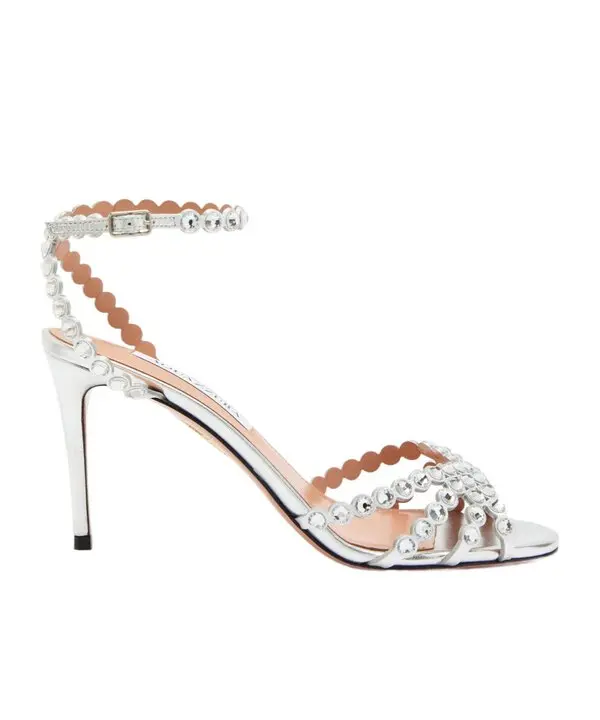 AQUAZZURA Tequila 85 Embellished Metallic Leather Sandals