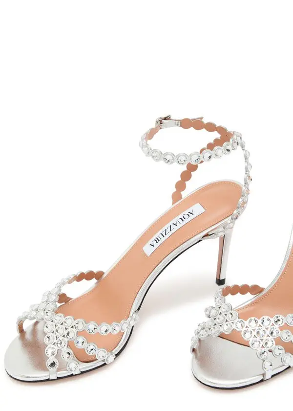 AQUAZZURA Tequila 85 Embellished Metallic Leather Sandals