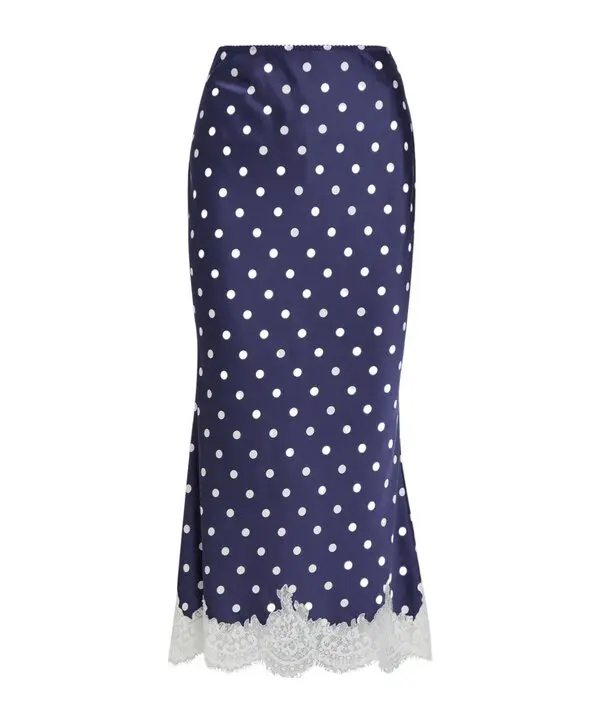 SELF-PORTRAIT Polka Dot Lace-trim Satin Midi Skirt - Blue