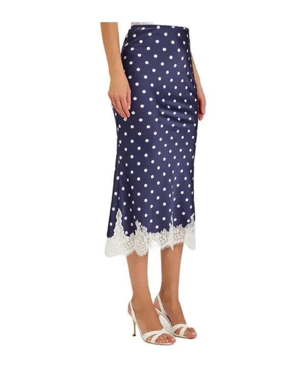 SELF-PORTRAIT Polka Dot Lace-trim Satin Midi Skirt