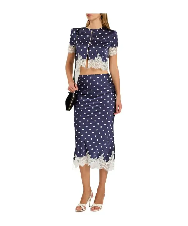 SELF-PORTRAIT Polka Dot Lace-trim Satin Midi Skirt