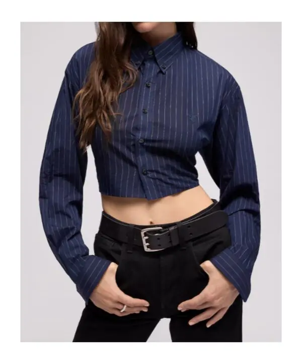 Gucci Pinstripe Crest Embroidered Cropped Shirt