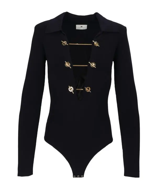 Elisabetta Franchi Ribbed Knit Bodysuit With Gold-tone Chain Detail - Black
