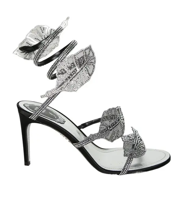 Rene Caovilla Round-toe High-heeled Sandals With Leaf Pattern And Ankle Strap - Gray