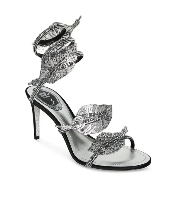 Rene Caovilla Round-toe High-heeled Sandals With Leaf Pattern And Ankle Strap - Gray
