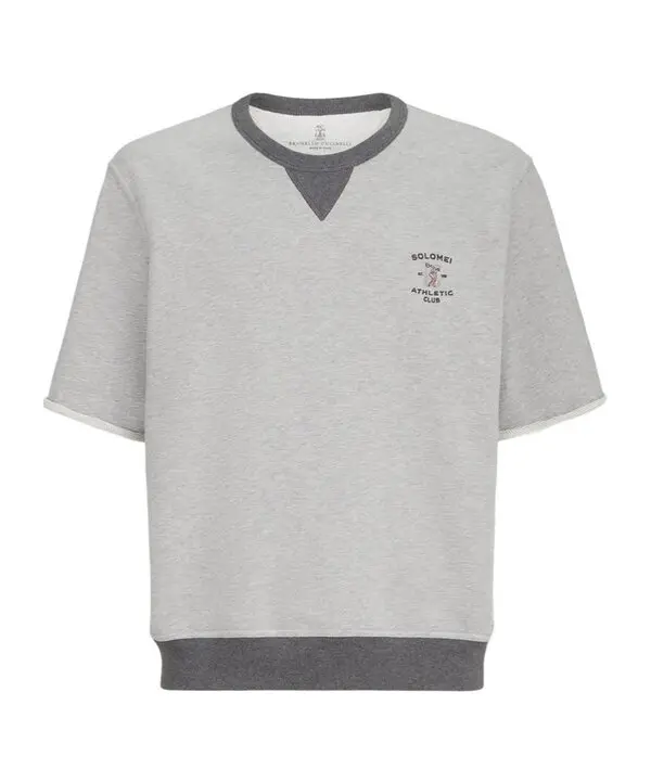 Brunello Cucinelli Cotton French Terry Short Sleeve Sweatshirt With Embroidery - Grey