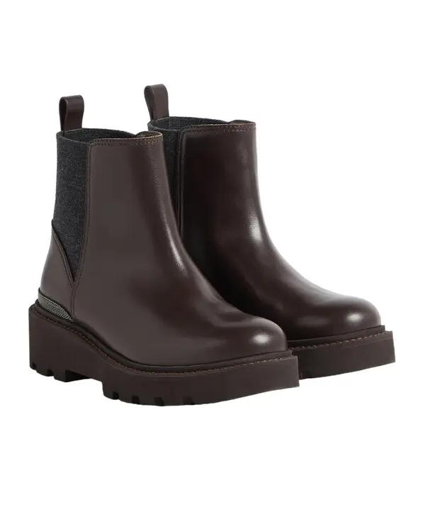 Brunello Cucinelli Matte Calfskin And Stretch Virgin Wool Chelsea Boots With Monili - Rust-brown