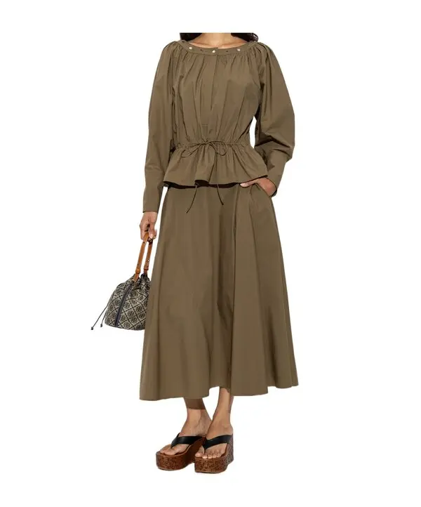 Tory Burch Pleated Blouse With Puff Sleeves And Metal Button Accents