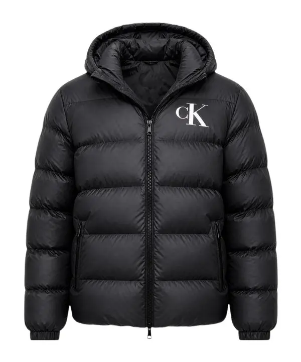 Calvin Klein Print Hooded Puffer Jacket - Black