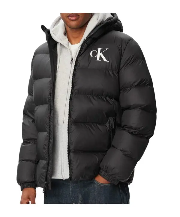 Calvin Klein Print Hooded Puffer Jacket - Black