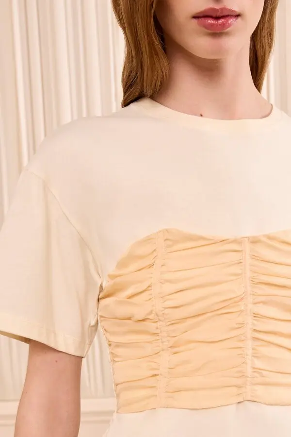 Ulla Johnson Mila Short Sleeve Cotton Top With Chiffon Overlay