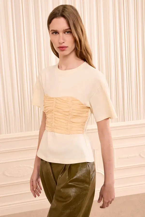 Ulla Johnson Mila Short Sleeve Cotton Top With Chiffon Overlay