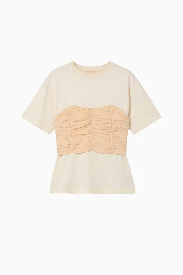 Ulla Johnson Mila Short Sleeve Cotton Top With Chiffon Overlay
