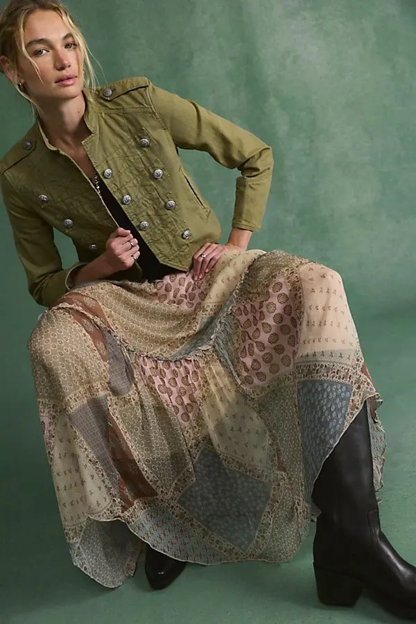 Free People Patchwork Maxi Skirt - Birch Combo