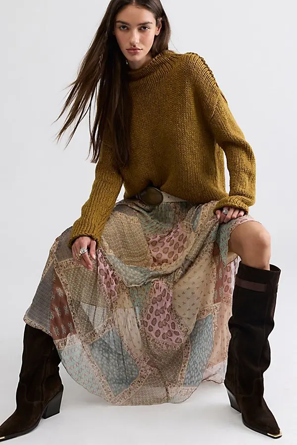 Free People Patchwork Maxi Skirt - Birch Combo