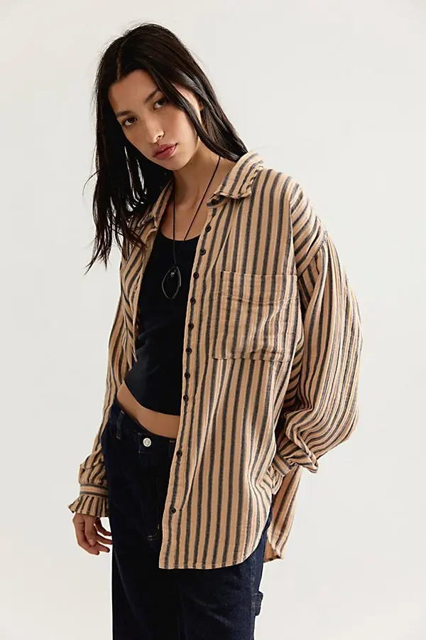 Free People We The Free Off-duty Double Cloth Striped Button Down Shirt - Beige Combo