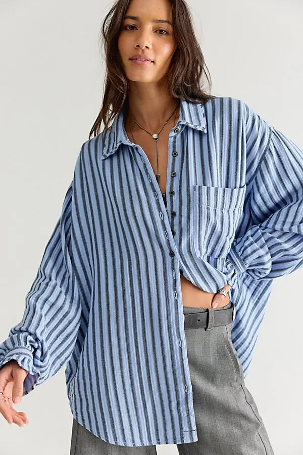 Free People We The Free Off-duty Double Cloth Striped Button Down Shirt - Blue Combo