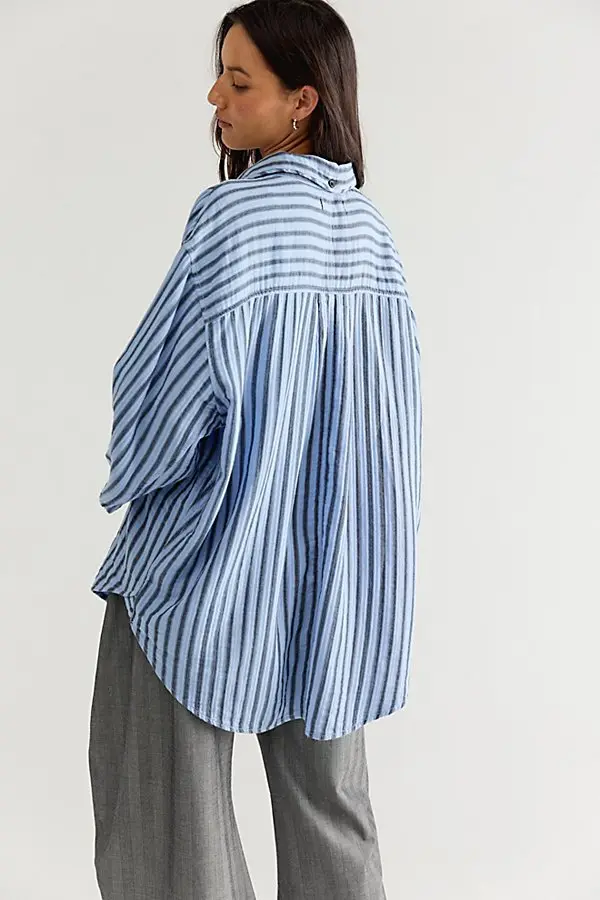 Free People We The Free Off-duty Double Cloth Striped Button Down Shirt - Blue Combo