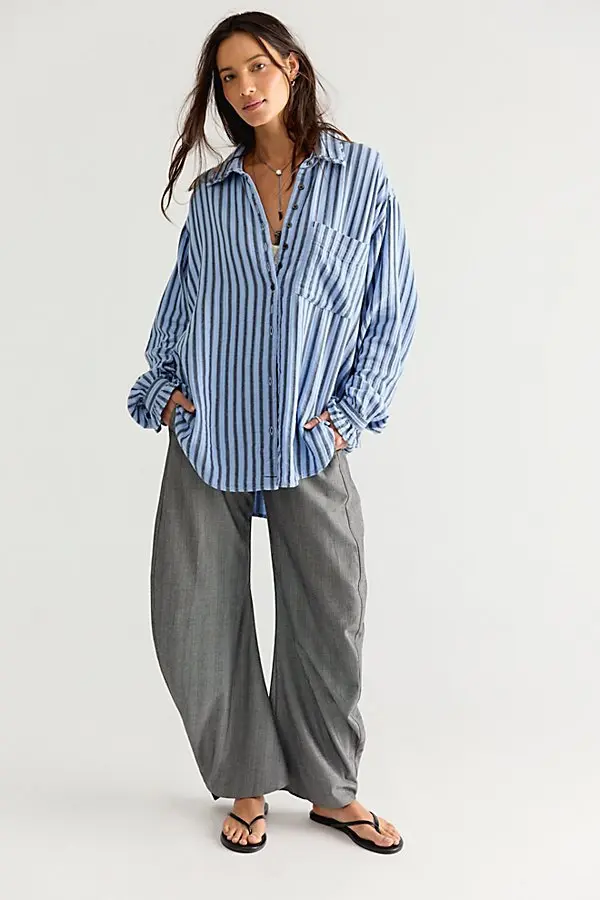 Free People We The Free Off-duty Double Cloth Striped Button Down Shirt - Blue Combo