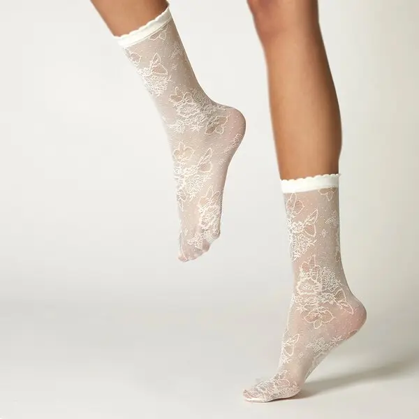 STEMS Margaux Floral Sheer Socks - Ivory