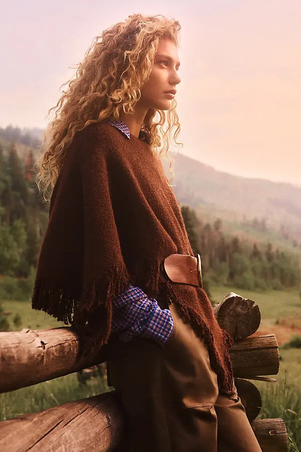 Anthropologie Knit Fringe Triangle Poncho - Brown