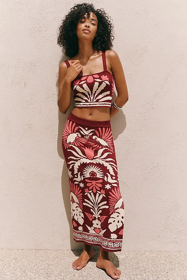 CELANDINE Botanical Print Knit Midi Skirt