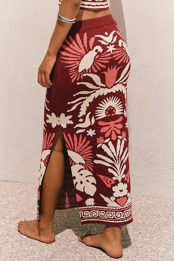CELANDINE Botanical Print Knit Midi Skirt