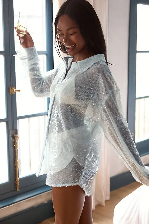 EN ELLY Bride Era Sequin Buttondown Shirt - Blue
