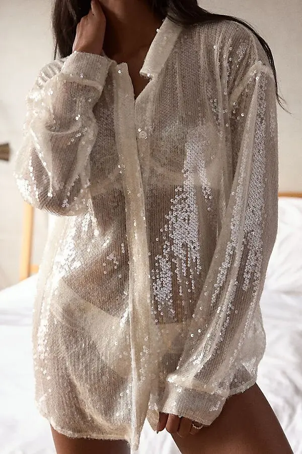 EN ELLY Bride Era Sequin Buttondown Shirt - White