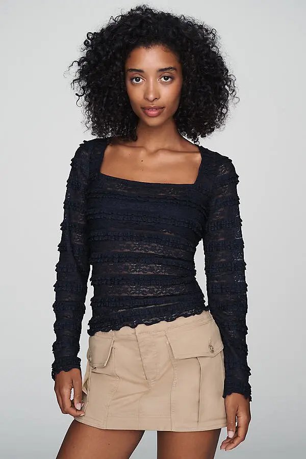 Anthropologie Square-neck Lace Long-sleeve Top - Black